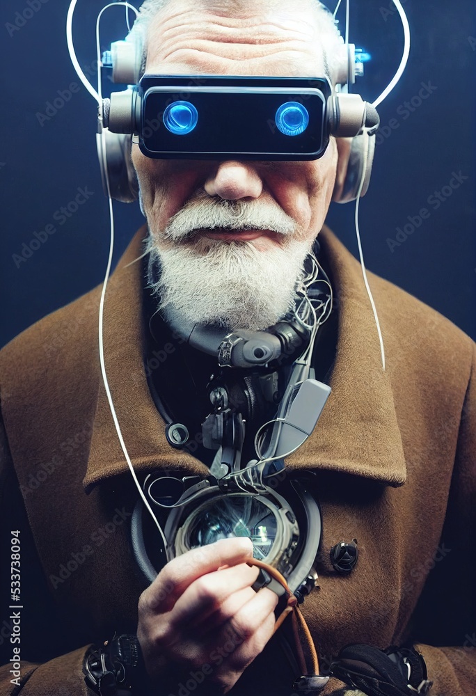 Fictional portrait of a grandfather in a futuristic cyberpunk style ...