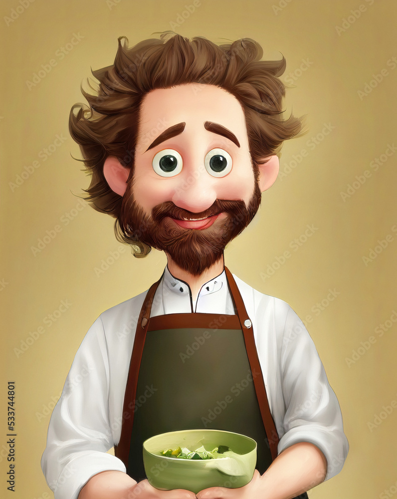 chef holding food dish with a smile wearing an apron, digital painting ...