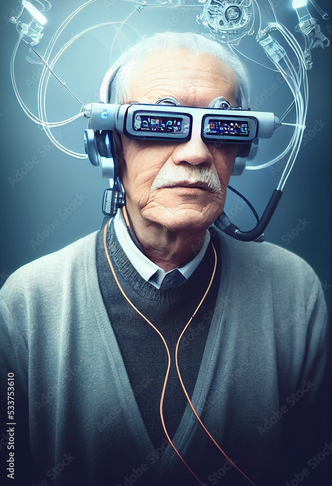 Fictional portrait of a grandfather in a futuristic cyberpunk style ...