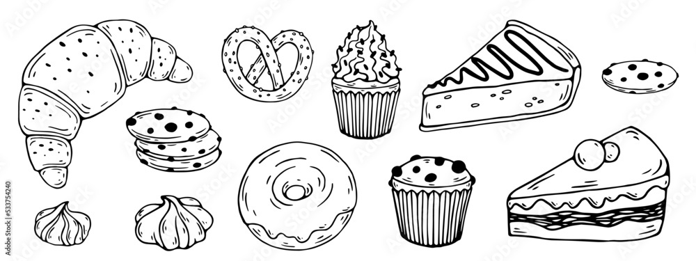 Collection of line sketches of various desserts and pastries.Isolated ...