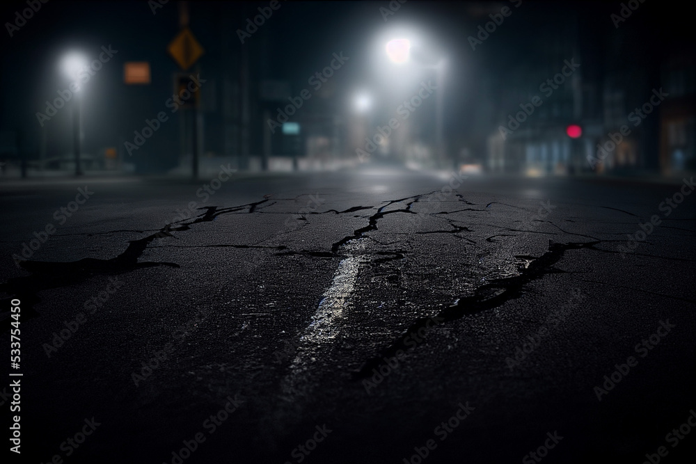 Black asphalt road and empty dark street scene background. Cracked ...