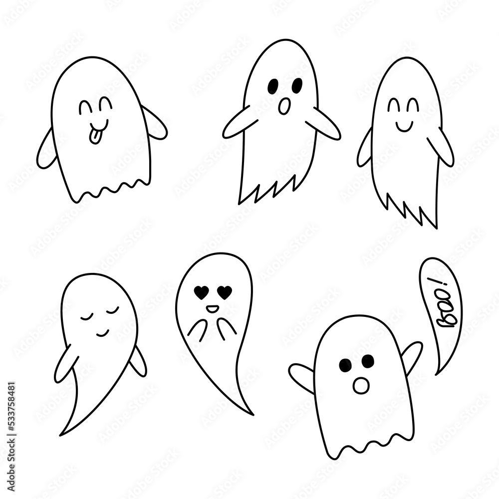 Halloween ghost doodle set. Cartoon cute characters . Hand drawn ...