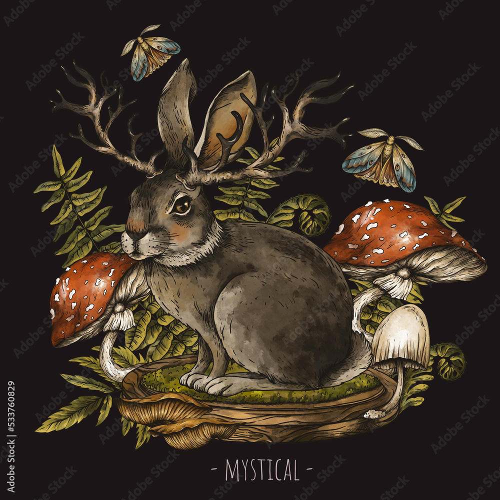 Mystical hare with horns. Vintage wicca illustration, fantasy creature ...