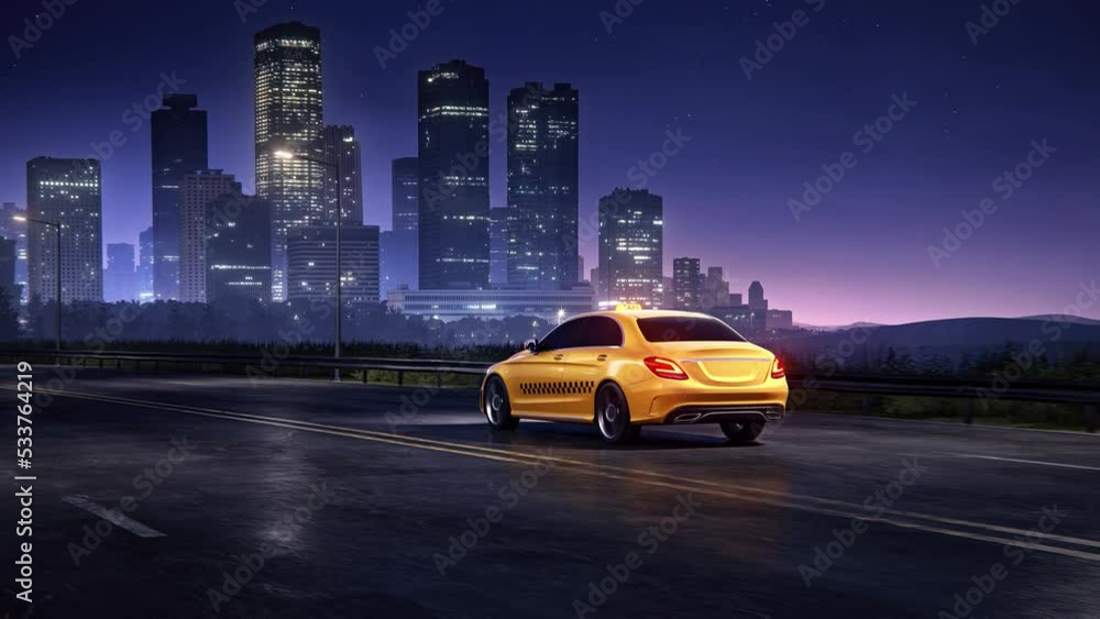 Taxi car is driving along the route at night on a suburban highway with ...