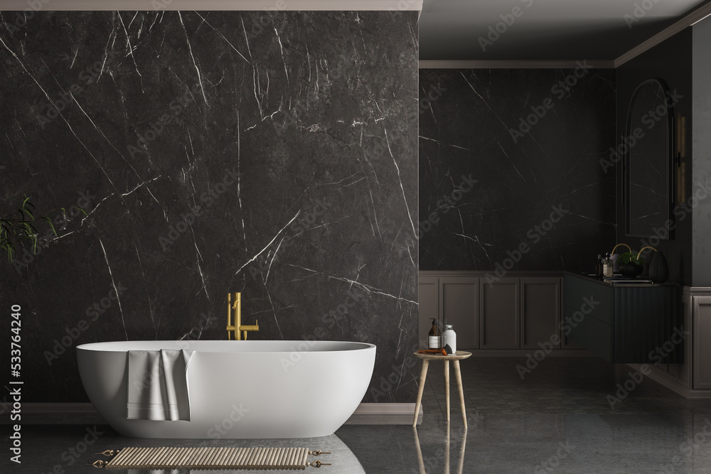 Modern luxury bathroom, dark marble background walls, white bathtub ...