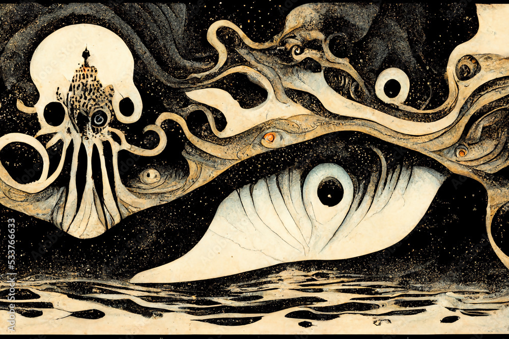 Monster under sea. Ocean phobia. Thalassophobia concept art. Stock ...