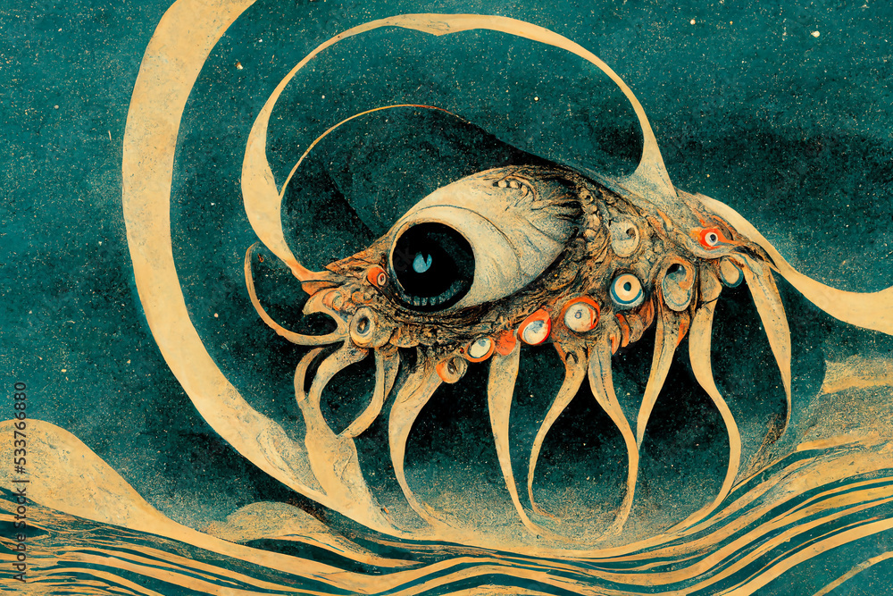 Monster under sea. Ocean phobia. Thalassophobia concept art. Stock ...