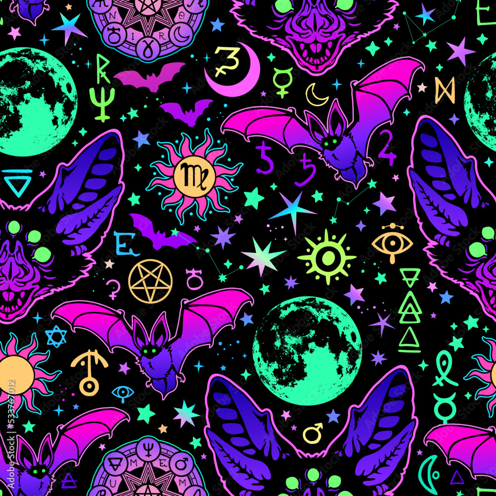 Seamless illustration. Bright psychedelic mystical animals and magical ...