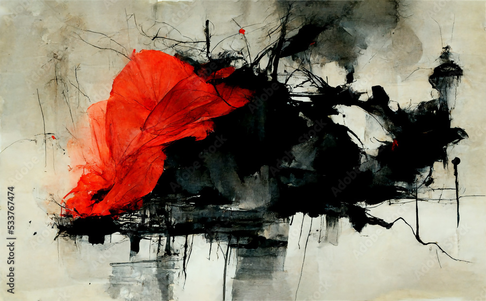 Abstract black and red ink painting. Jackson Pollock inspired action ...