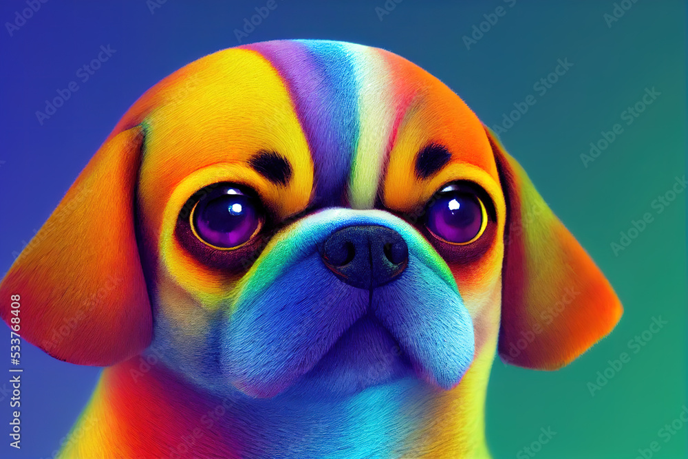 3 D render. Rainbow bright portrait of a dog in a cartoon style Stock ...
