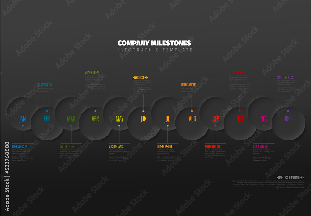 Infographic Full Year Dark Timeline Template with Circle Elements Stock ...