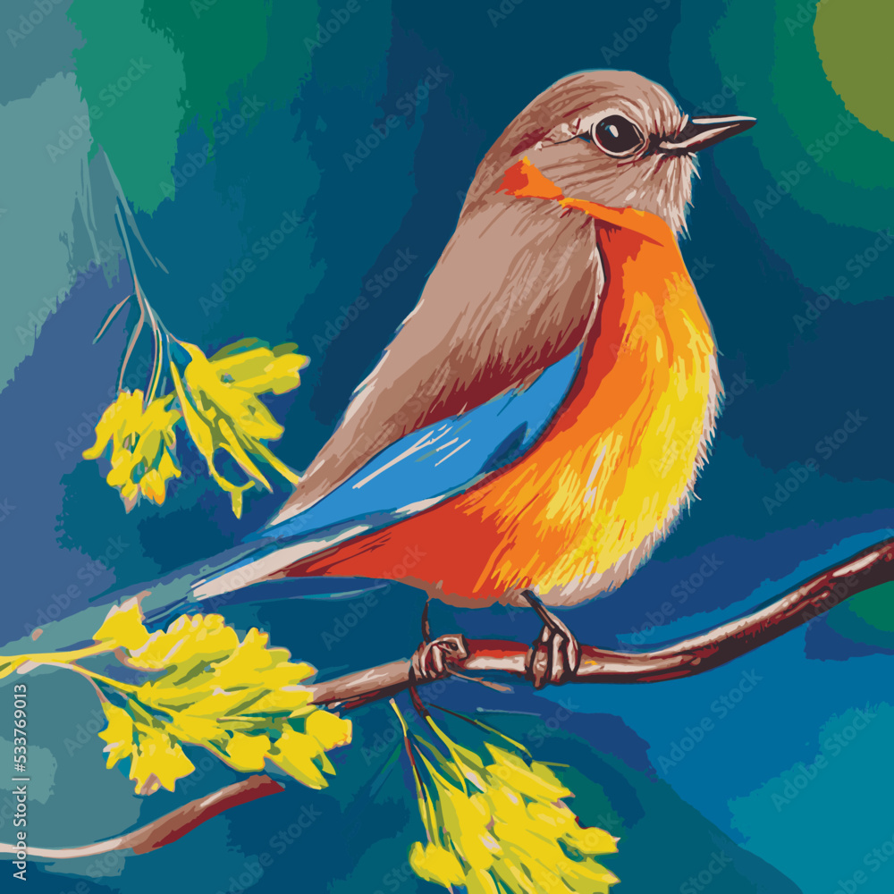 Bird sits branch cherry blossoms. Nightingale branches with leaves ...