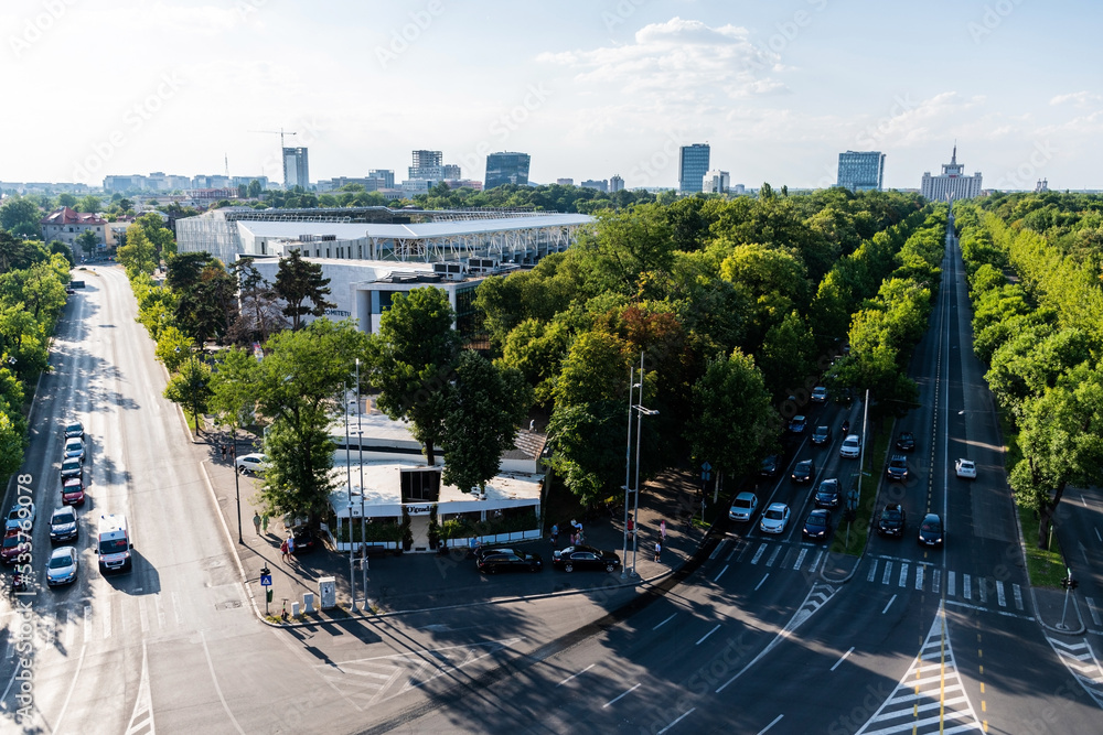 View of Bucharest with the Sports Museum, and in the background we have ...