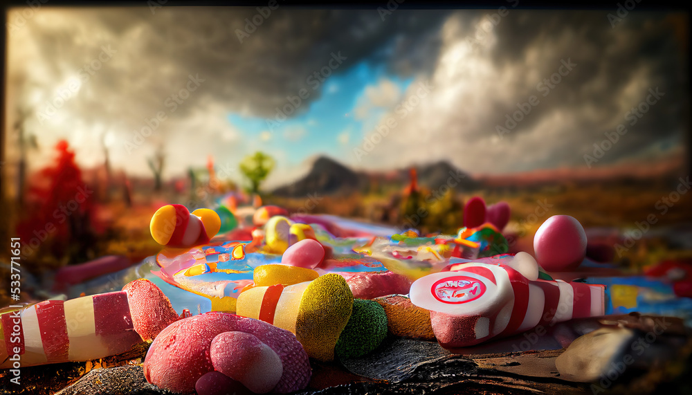 candy land landscape hyperrealistic ai generated Stock-Illustration ...