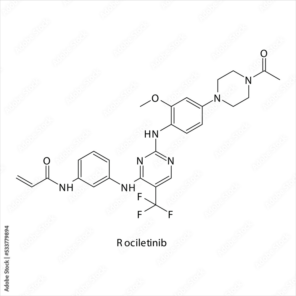 Rociletinib molecule flat skeletal structure, Tyrosine kinase - EGFR ...