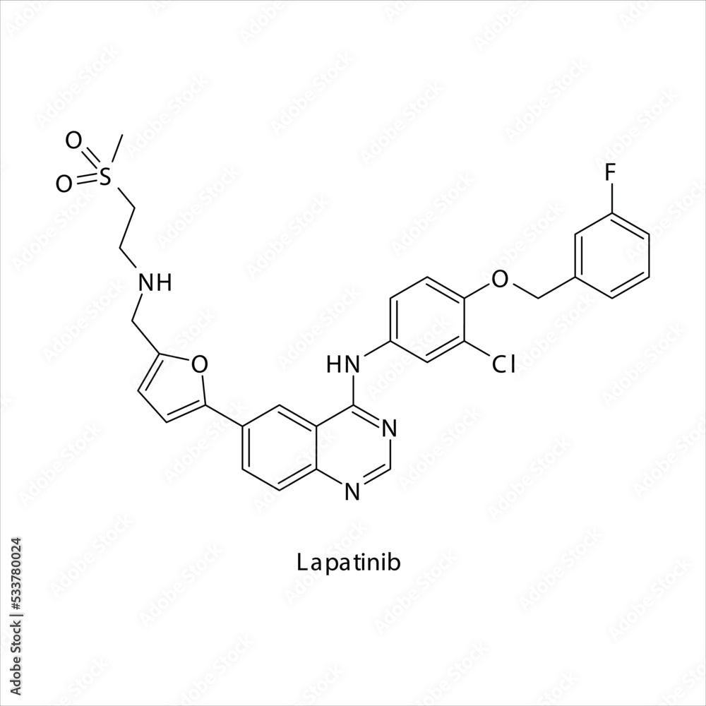 Lapatinib molecule flat skeletal structure, Tyrosine kinase - EGFR ...