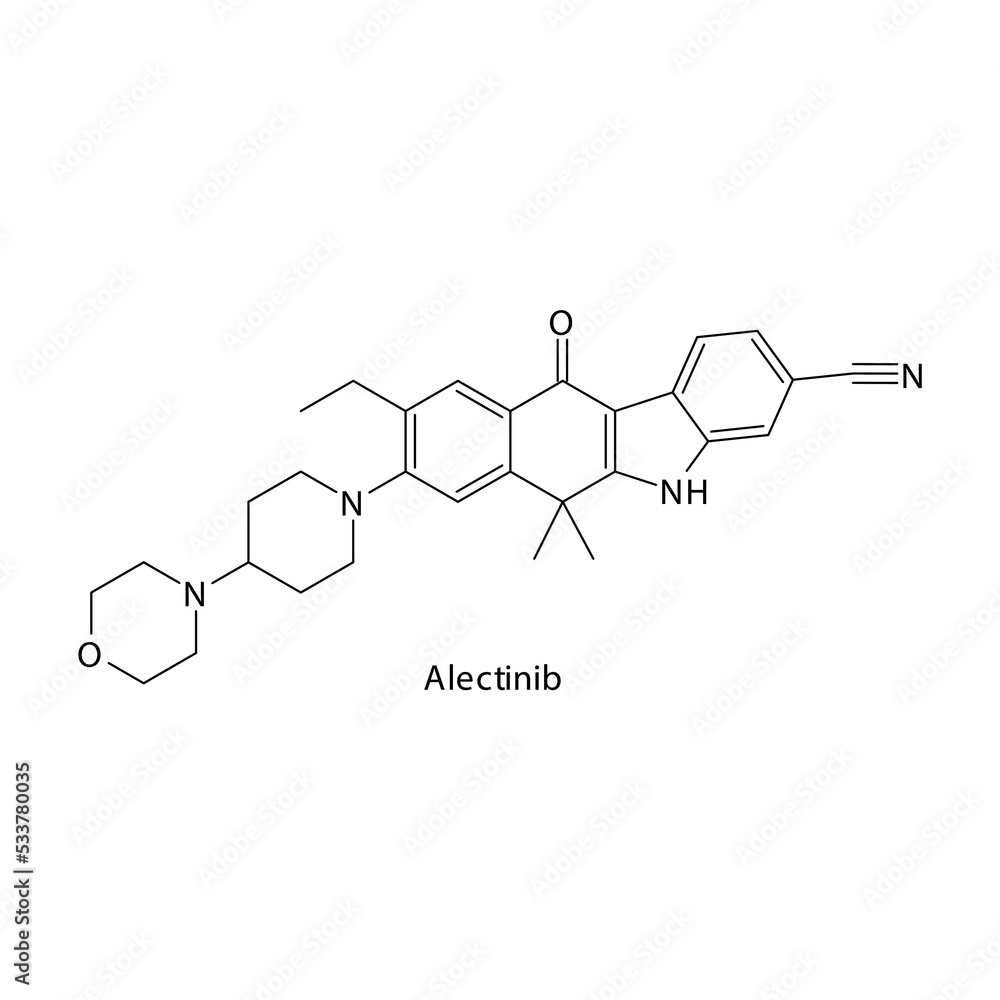 Alectinib molecule flat skeletal structure, Tyrosine kinase - EGFR ...