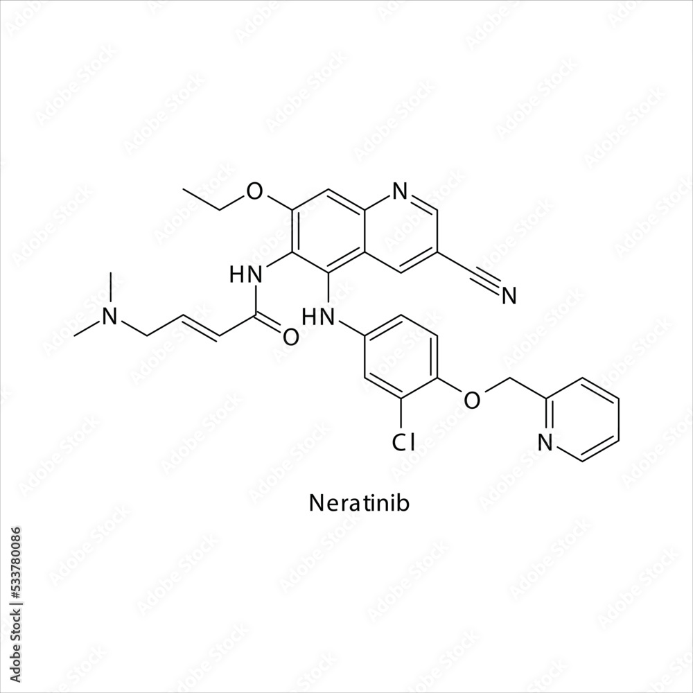 Neratinib molecule flat skeletal structure, Tyrosine kinase - EGFR ...