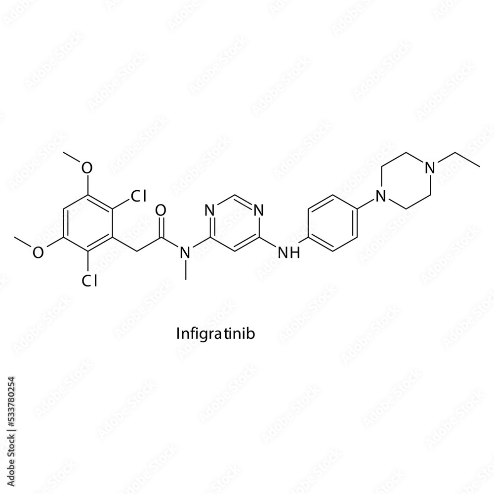Infigratinib molecule flat skeletal structure, Tyrosine kinase - EGFR, FGFR inhibitor used in ...