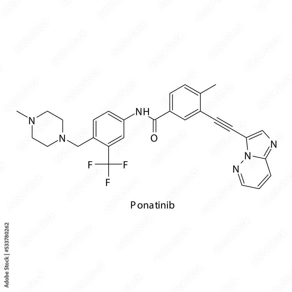 Ponatinib molecule flat skeletal structure, Tyrosine kinase - EGFR, BCR ...