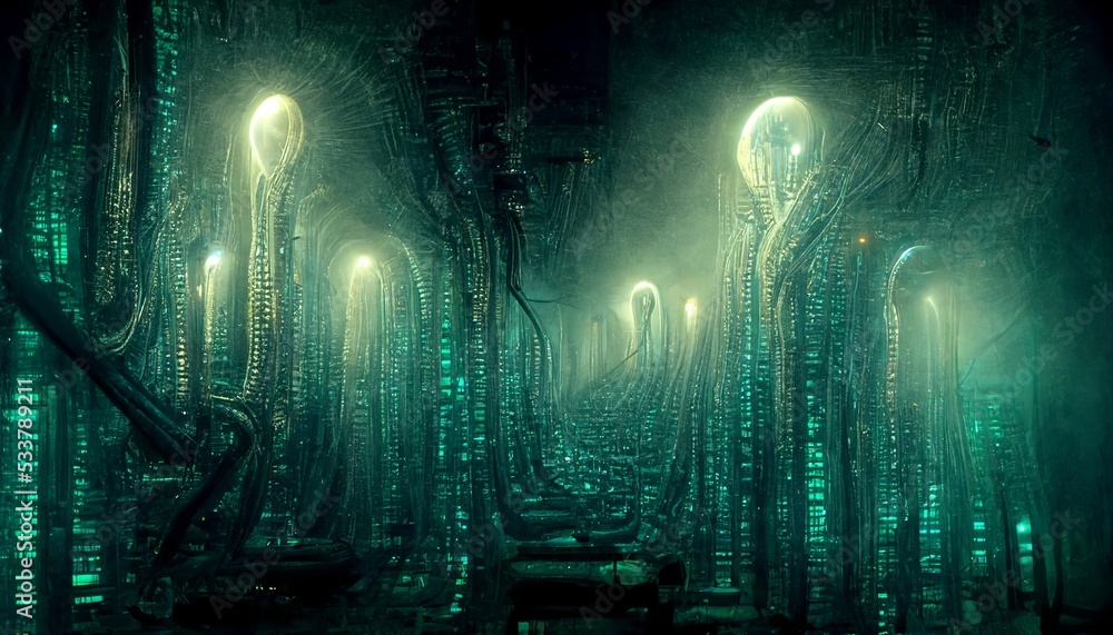 dark cyberpunk devices texture with cables and wires in gloomy ...