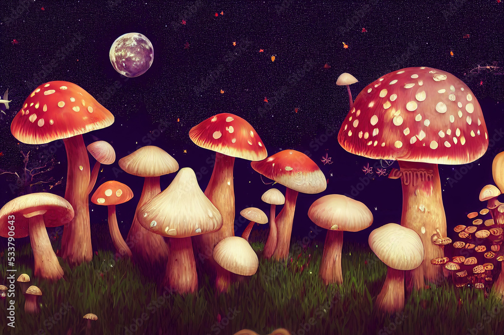 The night wallpaper features the mushroom, moon, stars, snails ...