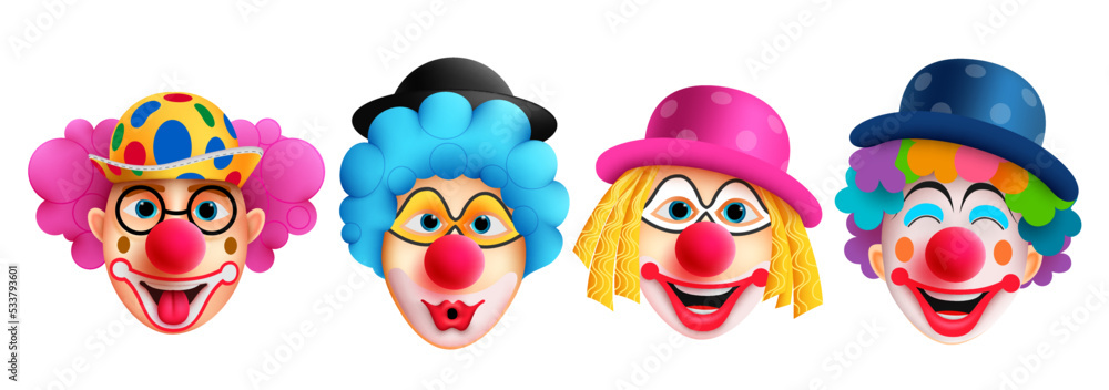 Clown characters set vector design. Birthday buffoon and joker ...