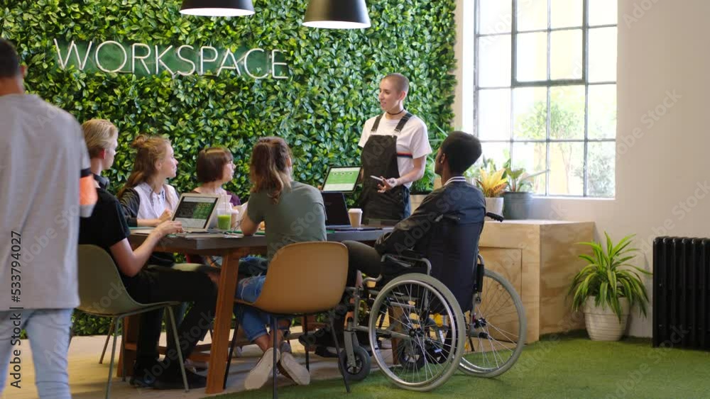 Workspace inclusion, meeting and creative team or web design ...