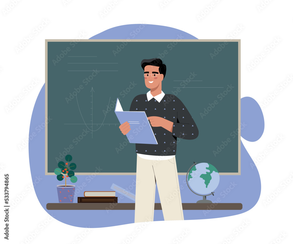 Man teacher at classroom. Guy standing with book in front of blackboard ...