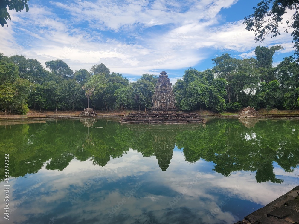 Neak Pean (or Neak Poan) at Angkor, Cambodia is an artificial island ...