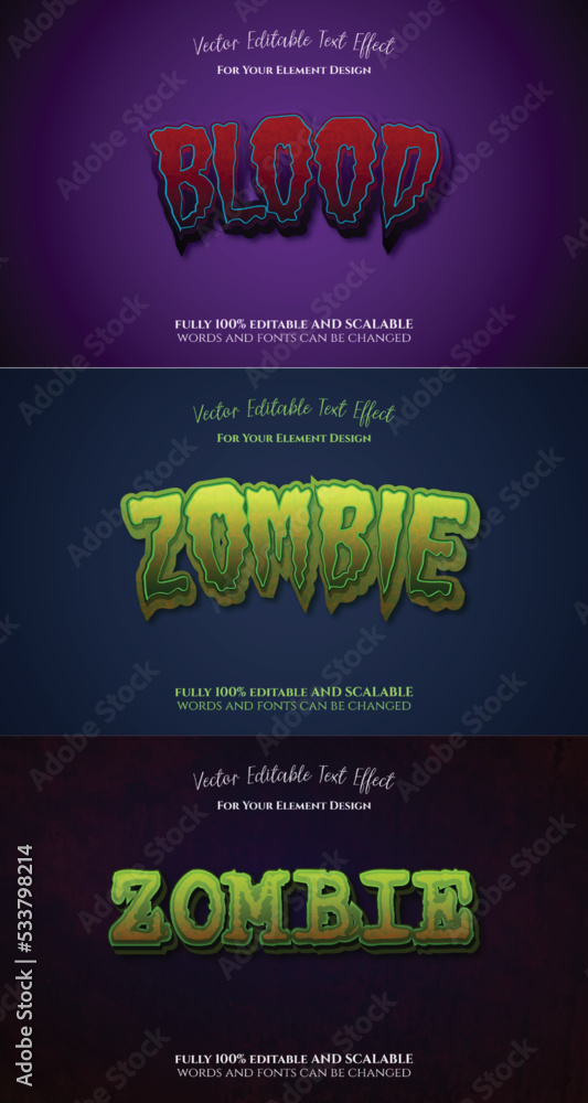 Set of blood horror zombie text effect bundle, editable scary and red text style. Halloween ...