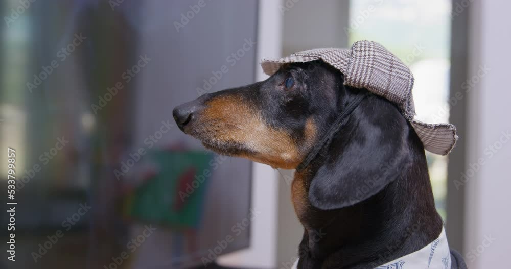 Adorable dachshund dog in a felt cap barks, close up, side view ...