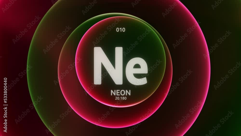 Neon as Element 10 of the Periodic Table. Concept animation on abstract ...