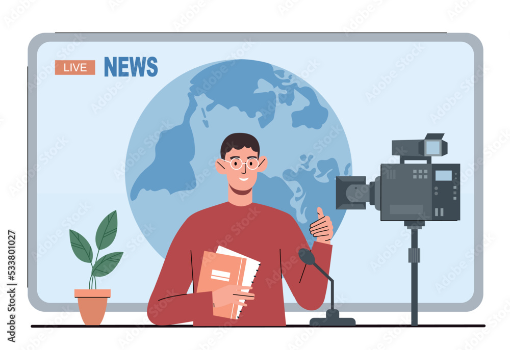 Tv presenter concept. Man with folder in front of camera on background ...