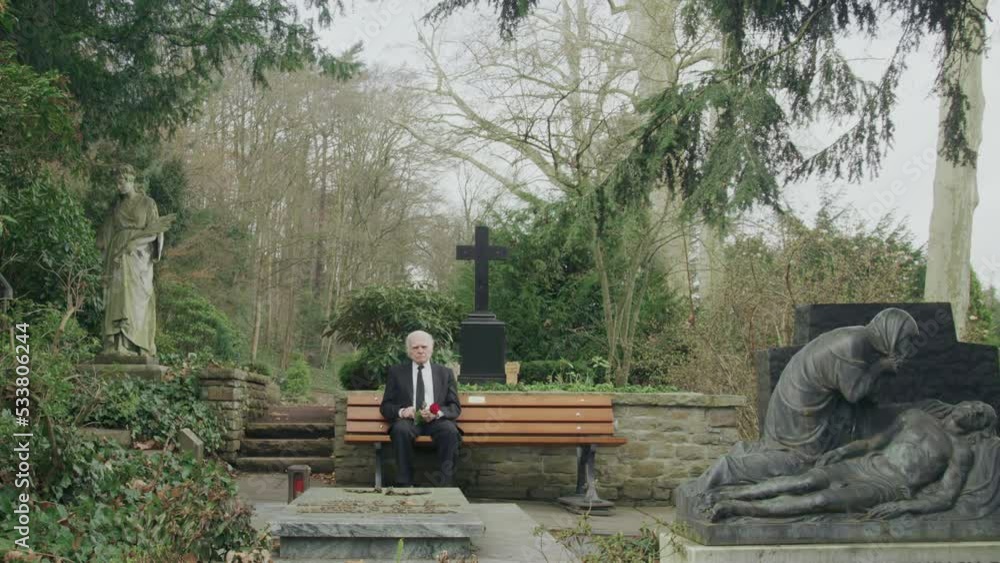 old sad man sitting on bench in cemetery, extreme wideshot Stock Video ...