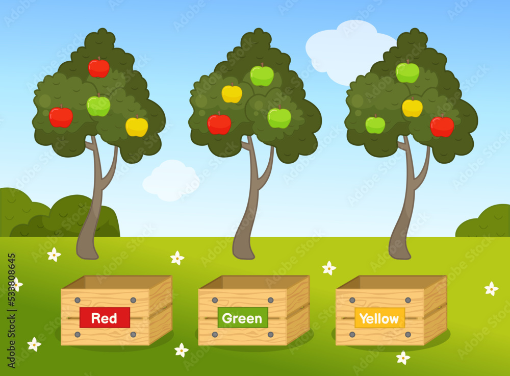Matching children educational game. Sort apples into boxes. Activity ...