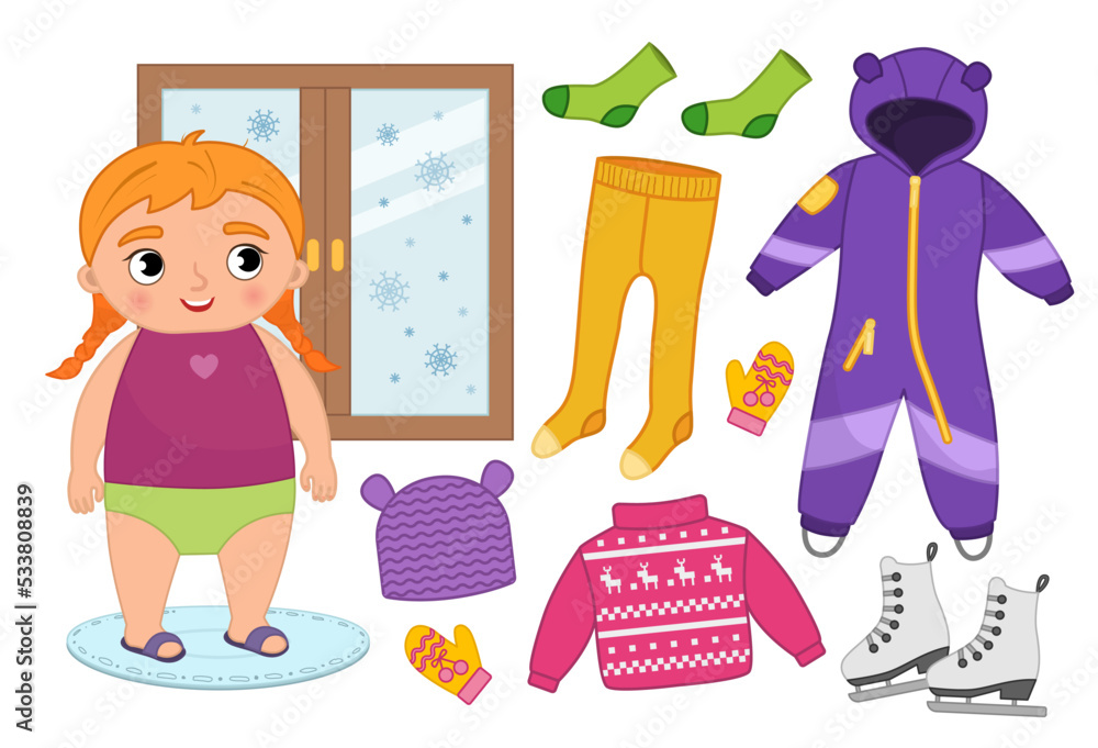Vector set of seasonal winter clothes for kids. Illustration of a ...