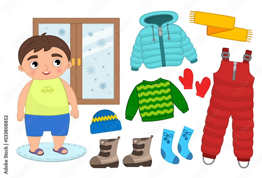 Vector set of seasonal winter clothes for kids. Illustration of a ...