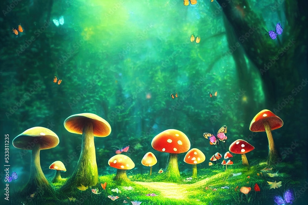 Fantasy magical Mushrooms glade, Ladybug and Butterflies in enchanted ...