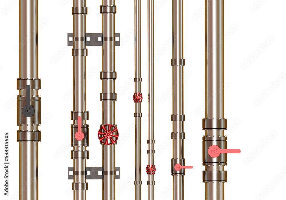 Piping set. Pipes of different types isolated on white. Steel pipes ...
