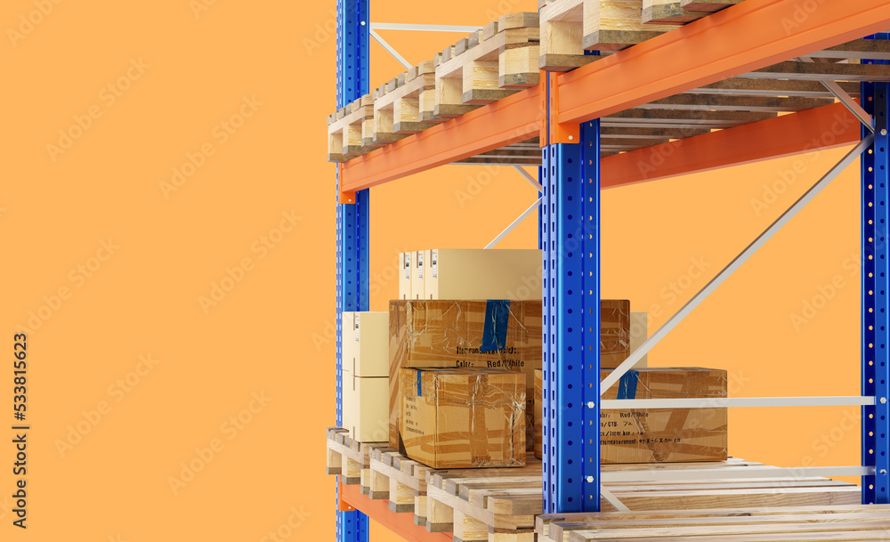 Warehouse business. Shelving with pallets. Warehouse business equipment ...