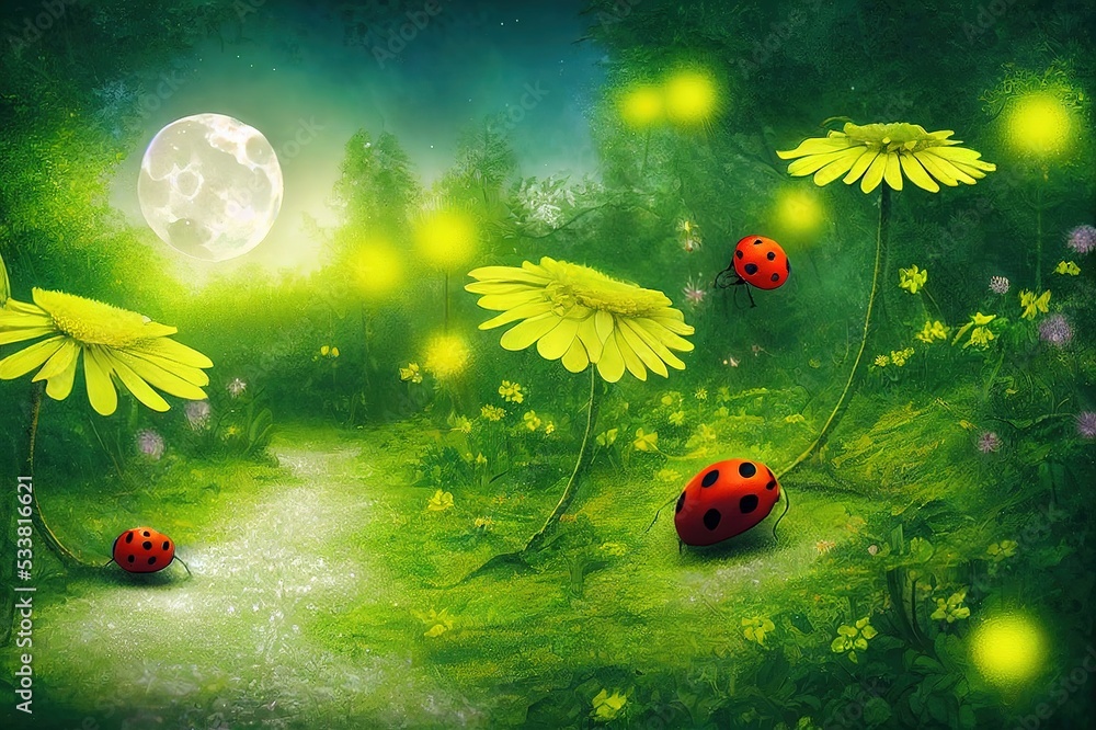 Yellow ficaria Flower and ladybug in Fantasy magical garden in ...