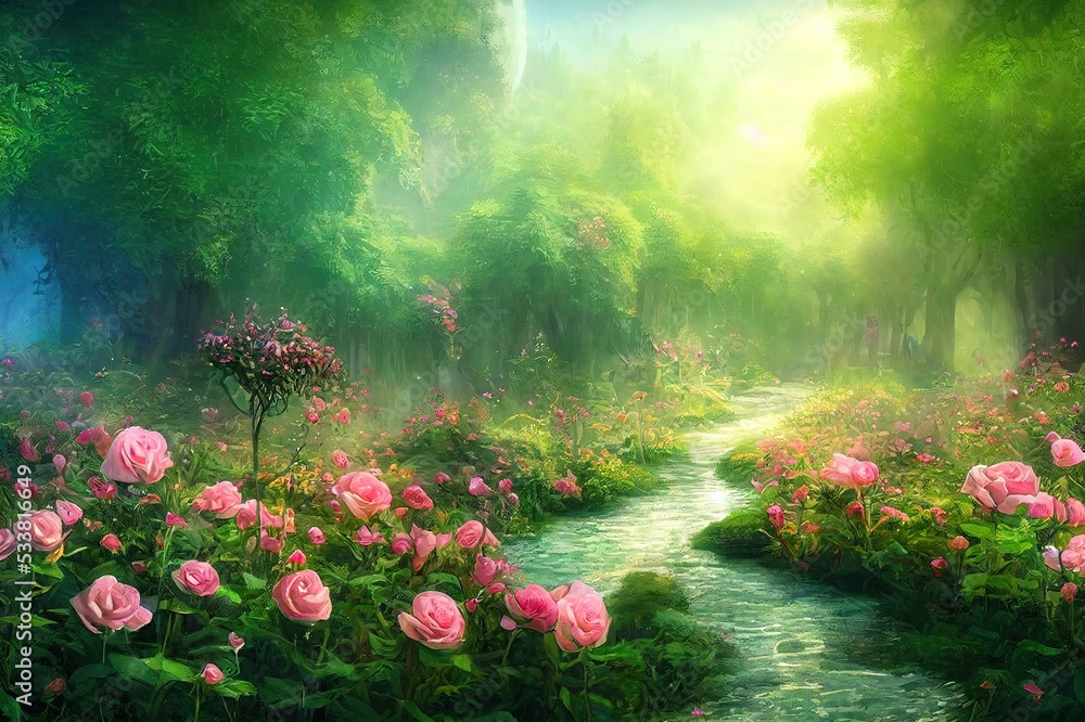 Fantasy roses flowers garden in enchanted fairy tale dreamy elf forest ...