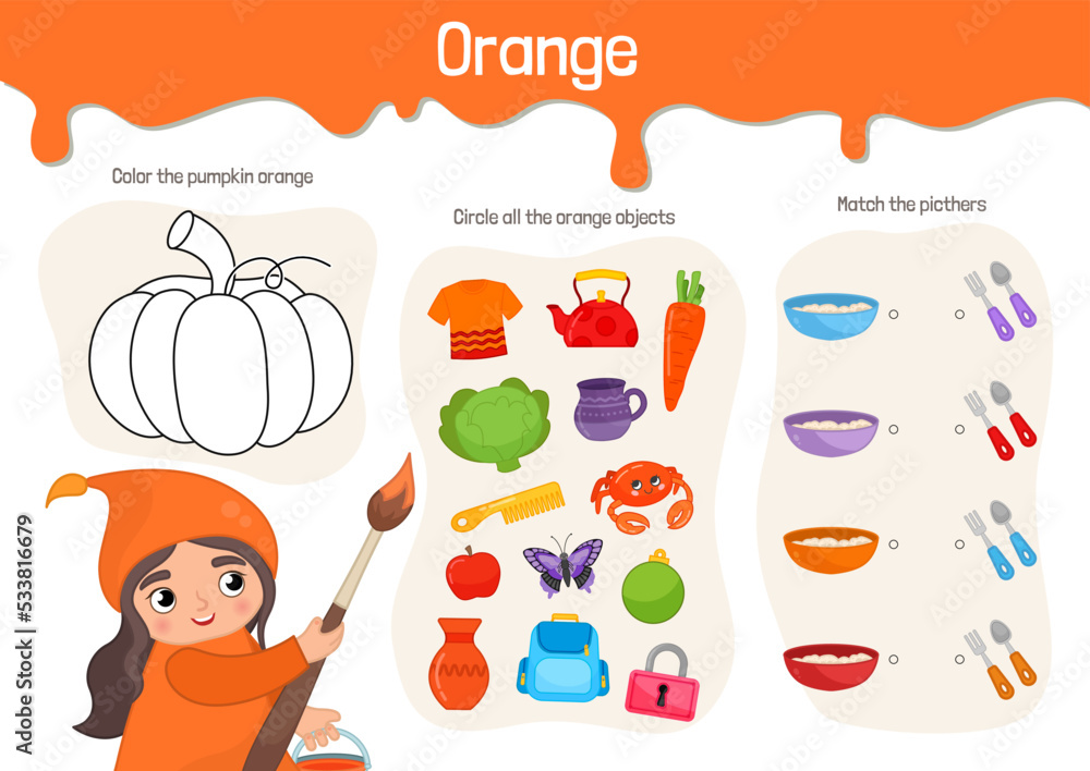 Vector educational material for children. Worksheet study orange color ...