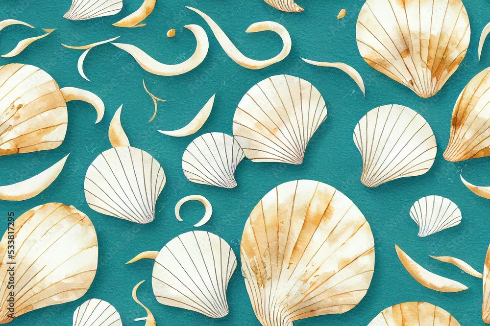 Watercolor sea shell japanese waves seamless pattern. Hand drawn ...