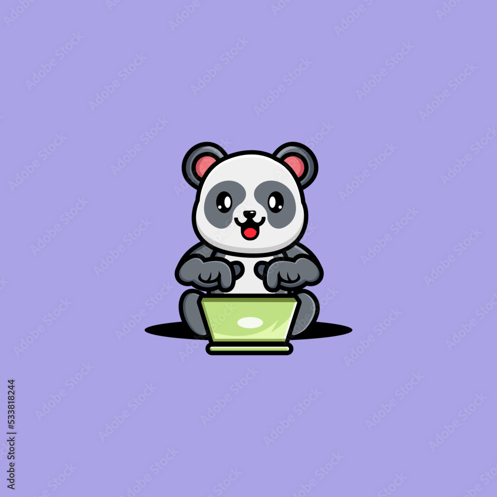 Cute panda operating laptop cartoon illustration Stock Vector | Adobe Stock