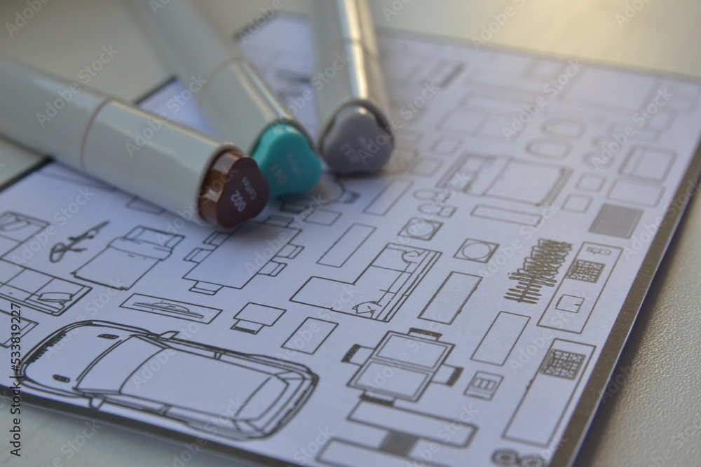 Home designer. Furniture elements. Floor plan in top view. Detailed ...