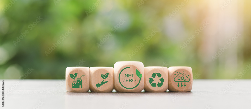 Wooden blocks and icons representing the concept of caring for nature ...