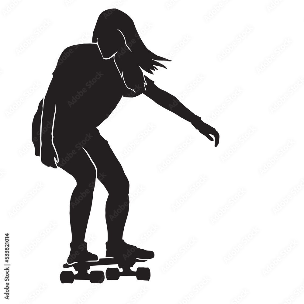 Black silhouette of skateboarder. Skateboard girl. Skateboarding trick ...