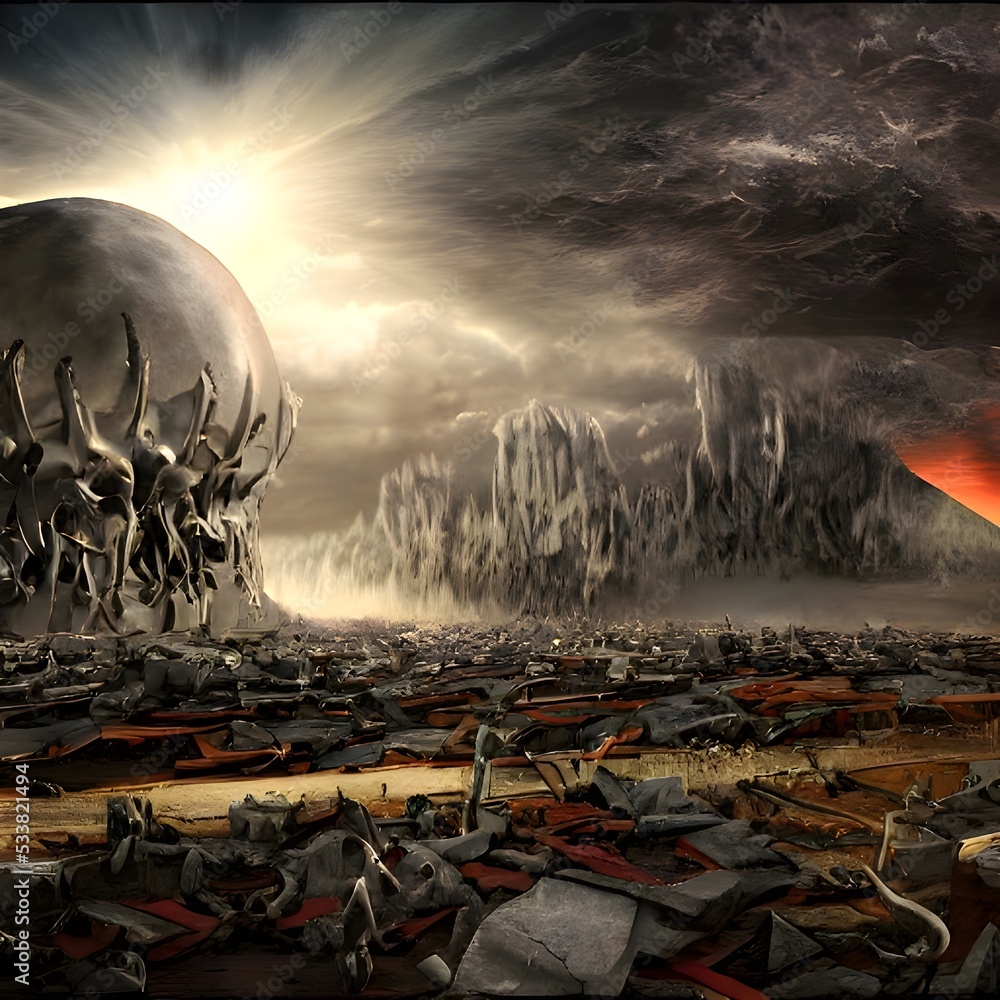 The doomsday scene of earth. Eerie night scene of the aftermath of an ...